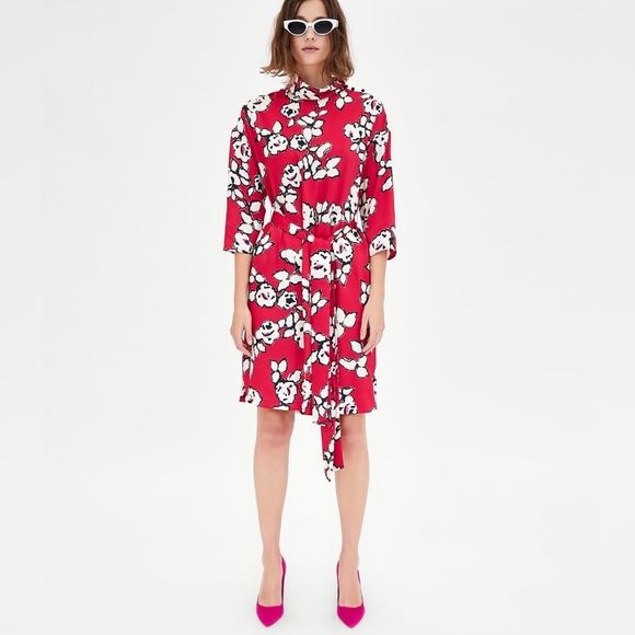 Zara | Dresses | Zara Basics Red Dress With Floral Pattern Kimono Style ...